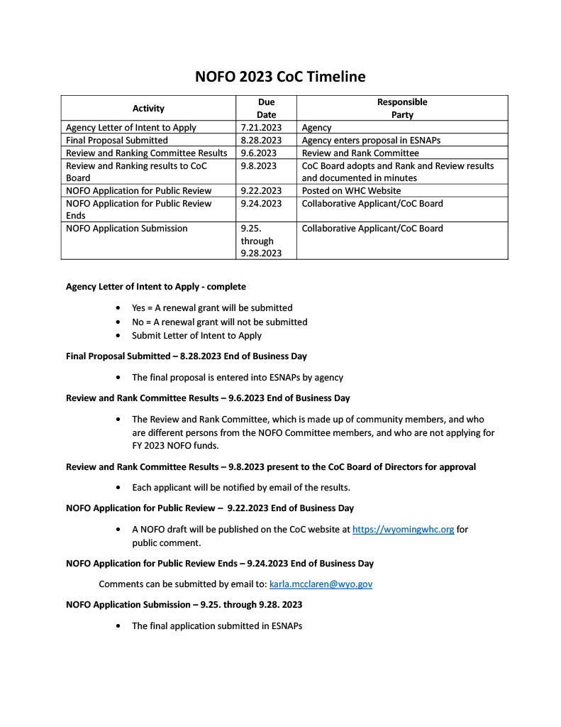 2023 WY CoC NOFO Process and Timeline | Wyoming Continuum of Care